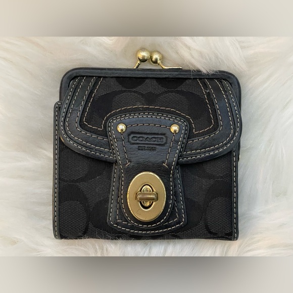 Coach | Bags | Coach Vintage Turnlock Black Signature Canvas Wallet ...